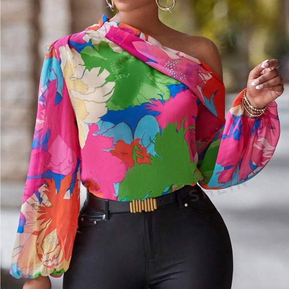 Rebellious Rose | Tops | Floral Print Asymmetrical Neck Lantern Sleeve ...